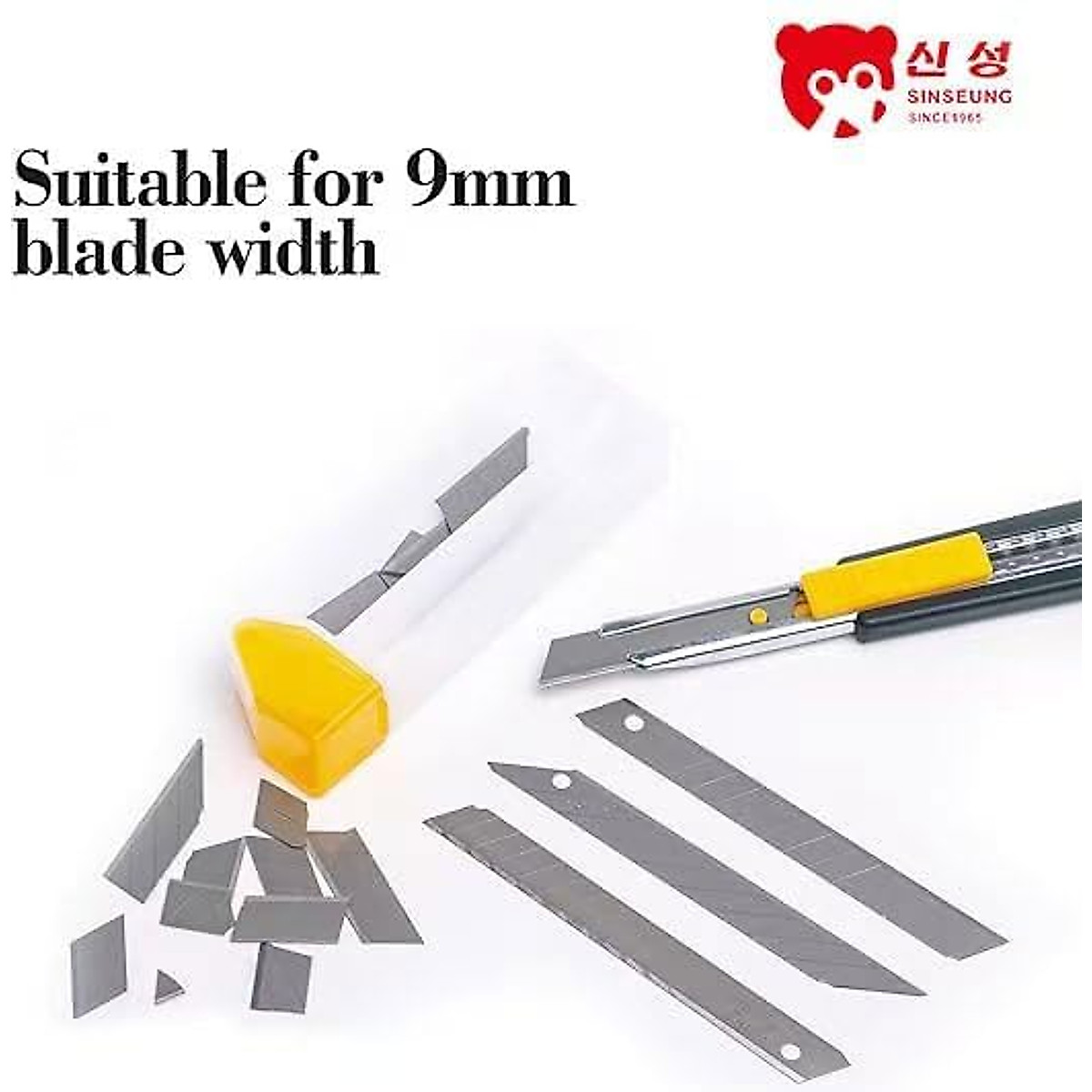 SINSEUNG 20PCS 9MM Utility Knife Replacement Blades, Snap off Blades with Blade Breaker and Recycling Box, Stainless Carbon Steel Blade, 9mm Cutting Blades, Heavy-duty Snap-off Blade 60 Degree