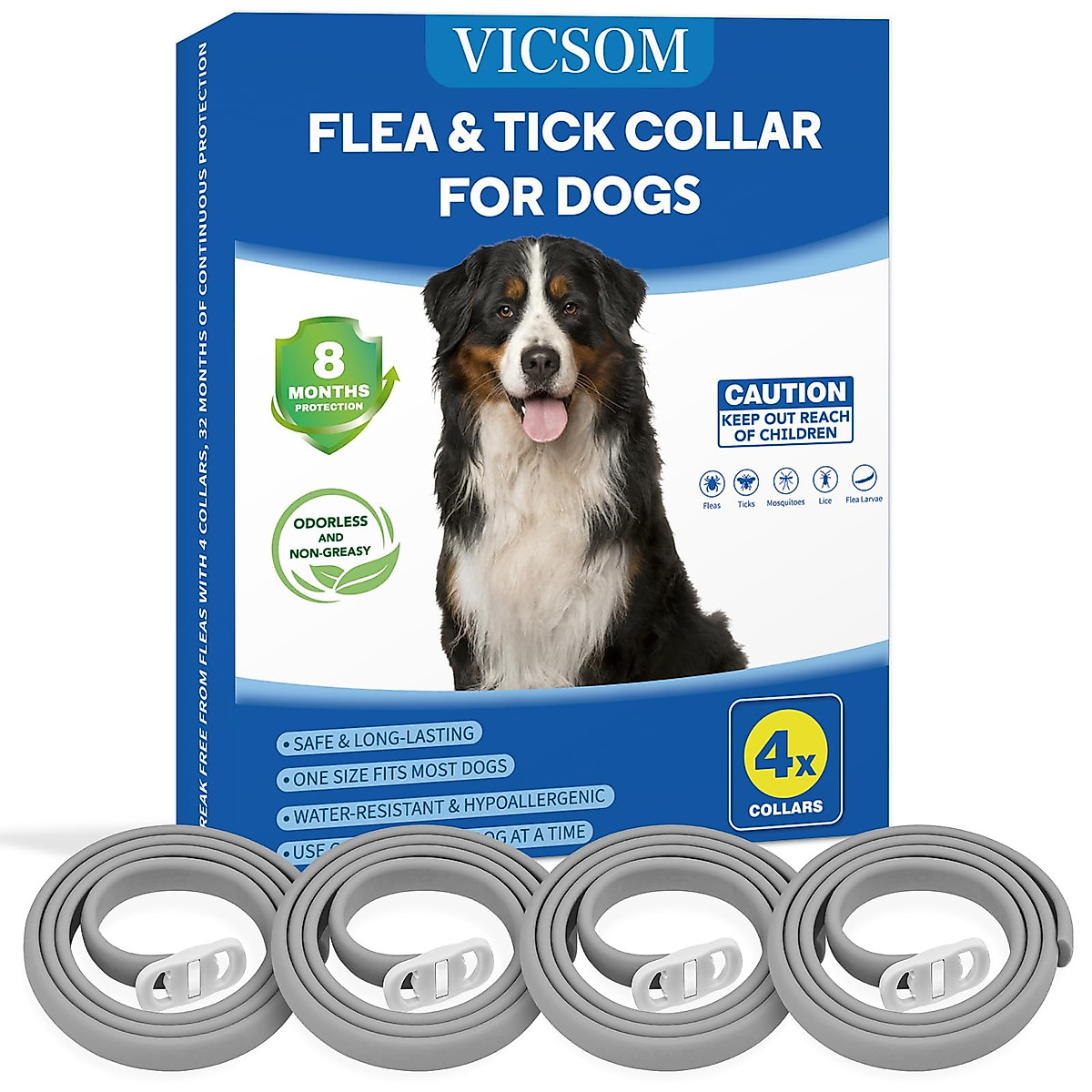 4 Pack Flea Collar for Dogs, Dog Flea and Tick Collar 8 Months Flea and Tick Prevention for Dog, Waterproof Adjustable Puppy Collar Natural Tick and Flea Collars for Small Medium Large Dogs, Grey