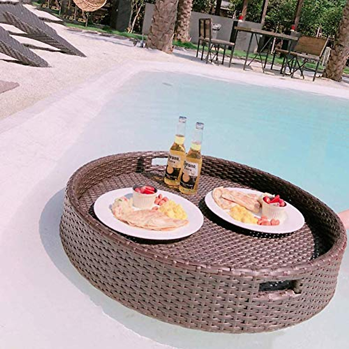 Round Rattan Woven Serving Tray Rattan Floating Breakfast Tray with Handles, Swimming Pool Floats, for Adults for Sandbars Spas Bath and Parties Wedding Photography Photo Shoot