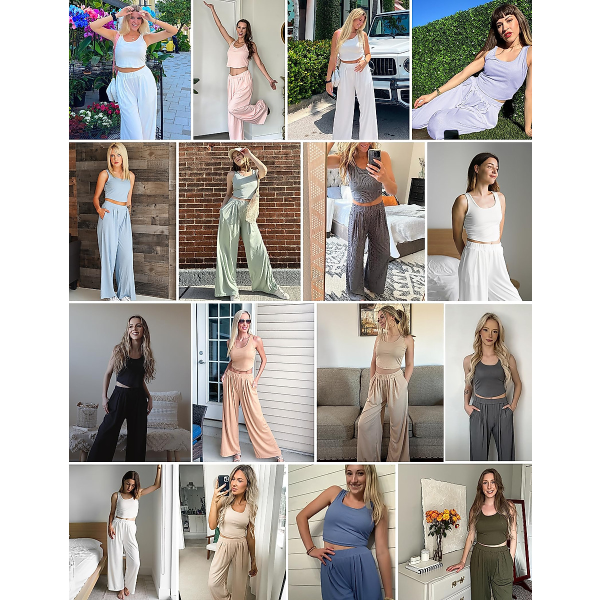 Ekouaer Women's Pajamas 2 Piece Lounge Set Ribbed Knit Loungewear Sleeveless Tank Top Wide Leg Pants,Light Green,L