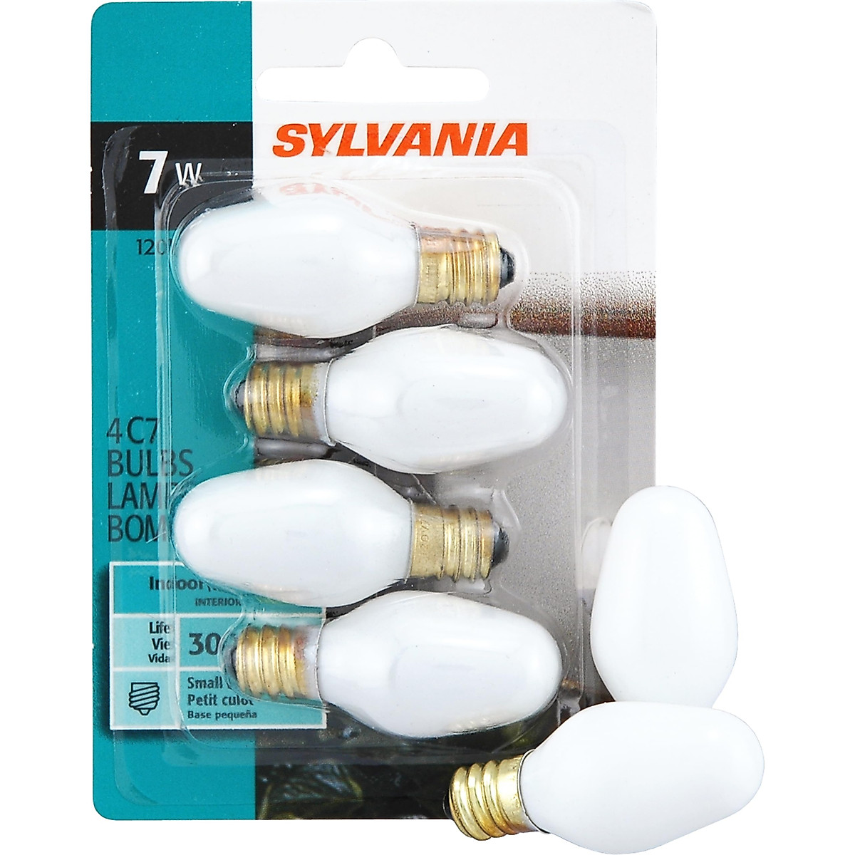 SYLVANIA Incandescent 7W C7 Nightlight Bulb, Dimmable, Candelabra Base, Frosted Finish, 2850K, Warm White - 4 Pack (13544)