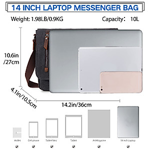 Messenger Bag for Men and Women, Canvas Leather 14 Inch Laptop Messenger Bag Shoulder Bag for Work VONXURY