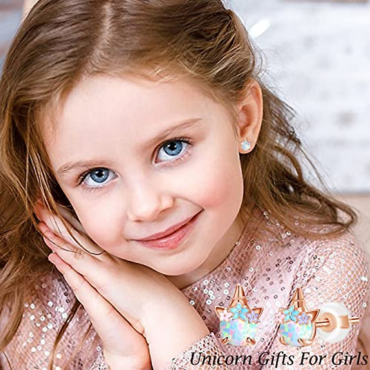 Hypoallergenic Unicorn Stud Earrings for Women 925 Sterling Silver Rose Gold Unicorn Opal Earring Studs for Sensitive Ears Unicorn Gifts.