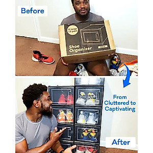 FINESSY Shoe Storage Shoe Organizer Cabinet, 12 Pack Medium Shoe Rack Closet Organizer and Storage Bins, Black Shoe Container Stackable Shoe Boxes Clear Plastic Stackable Shoe Holder