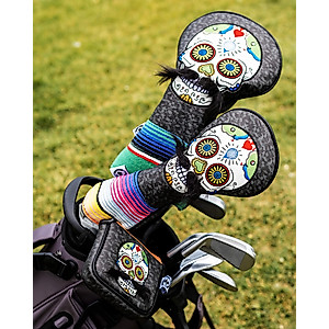 Pins & Aces LE Sugar Skull Mustache Fairway Wood Head Cover - Premium, Hand-Made Leather 3W or 5W Headcover - Funny, Tour Quality Golf Club Cover - Style and Customize Your Golf Bag Grey Camo
