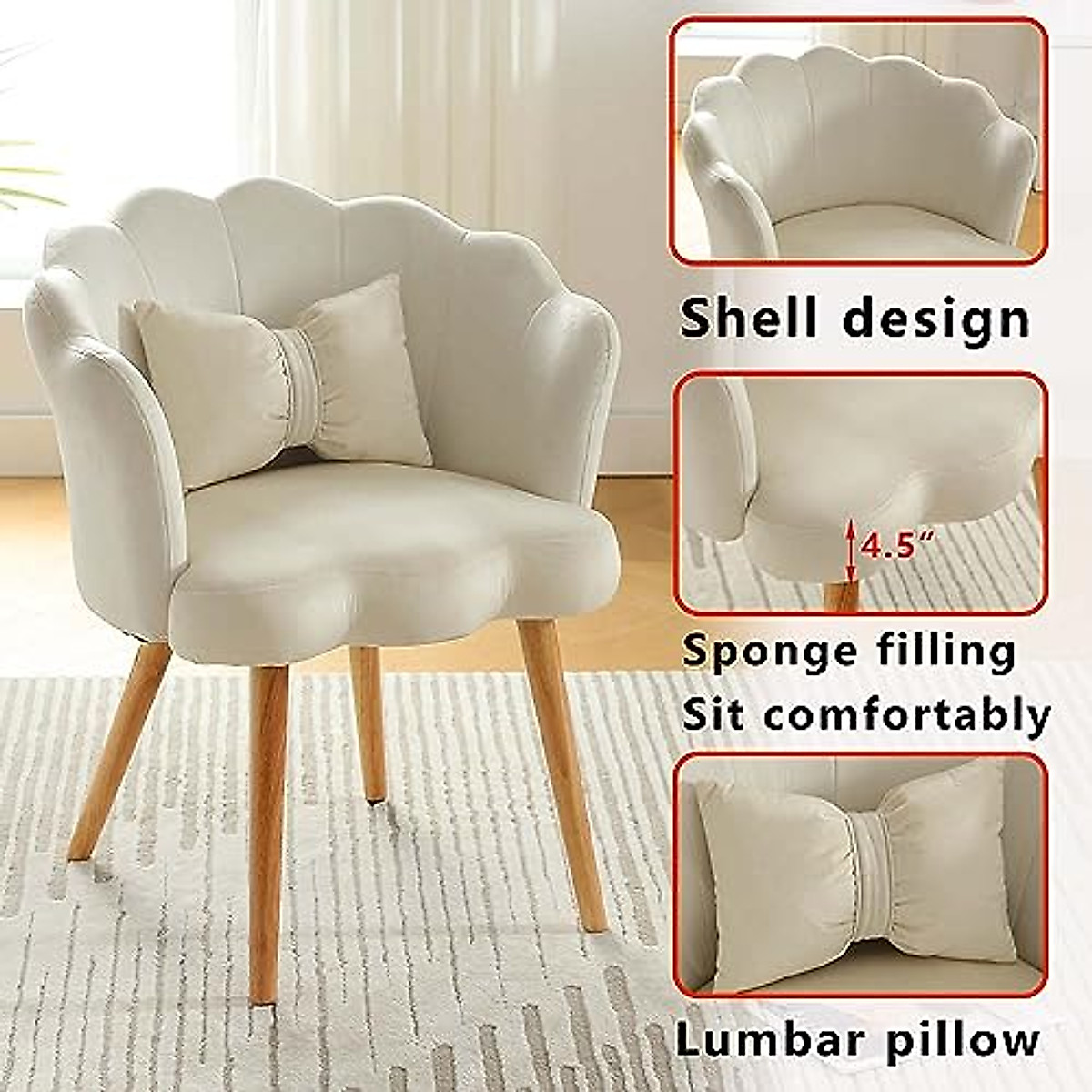 Modern Velvet Accent Chair,Shell Shape Upholstered Armchair with Wood Legs,Comfy Reading Chair for Bedroom,Living Room,Makeup Room,Bowknot Pillow (Cream)