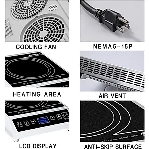 1800W Commercial Induction Cooktop Stainless Steel Burner Countertop Temp Settings from 140°F to 465°F 120V Stove Electric Burner NSF-Certified with LCD Screen and ANTI-SKIP Surpace