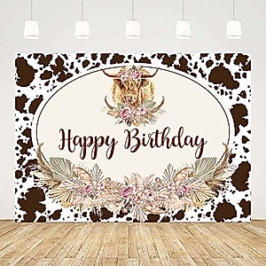AIBIIN 7x5ft Highland Cows Birthday Backdrop for Boys Girls Cattle Birthday Photography Background Boho Floral Highland Farm Cow Party Decorations Banner Photo Studio Props