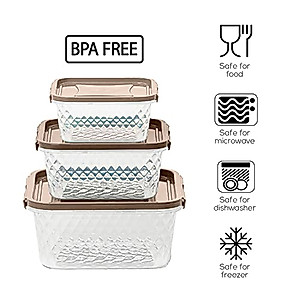 Plasvale Food Storage Plastic Containers Set of Crystal Line - 6 Pieces - Microwave, Freezer and Dishwasher Safe - BPA Free (Brown)