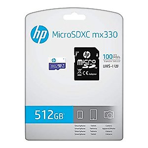 HP 512GB mx330 Class 10 U3 microSDXC Flash Memory Card - 100MB/s, Class 10, U3, 4K UHD, Full HD, UHS-I, Micro SD