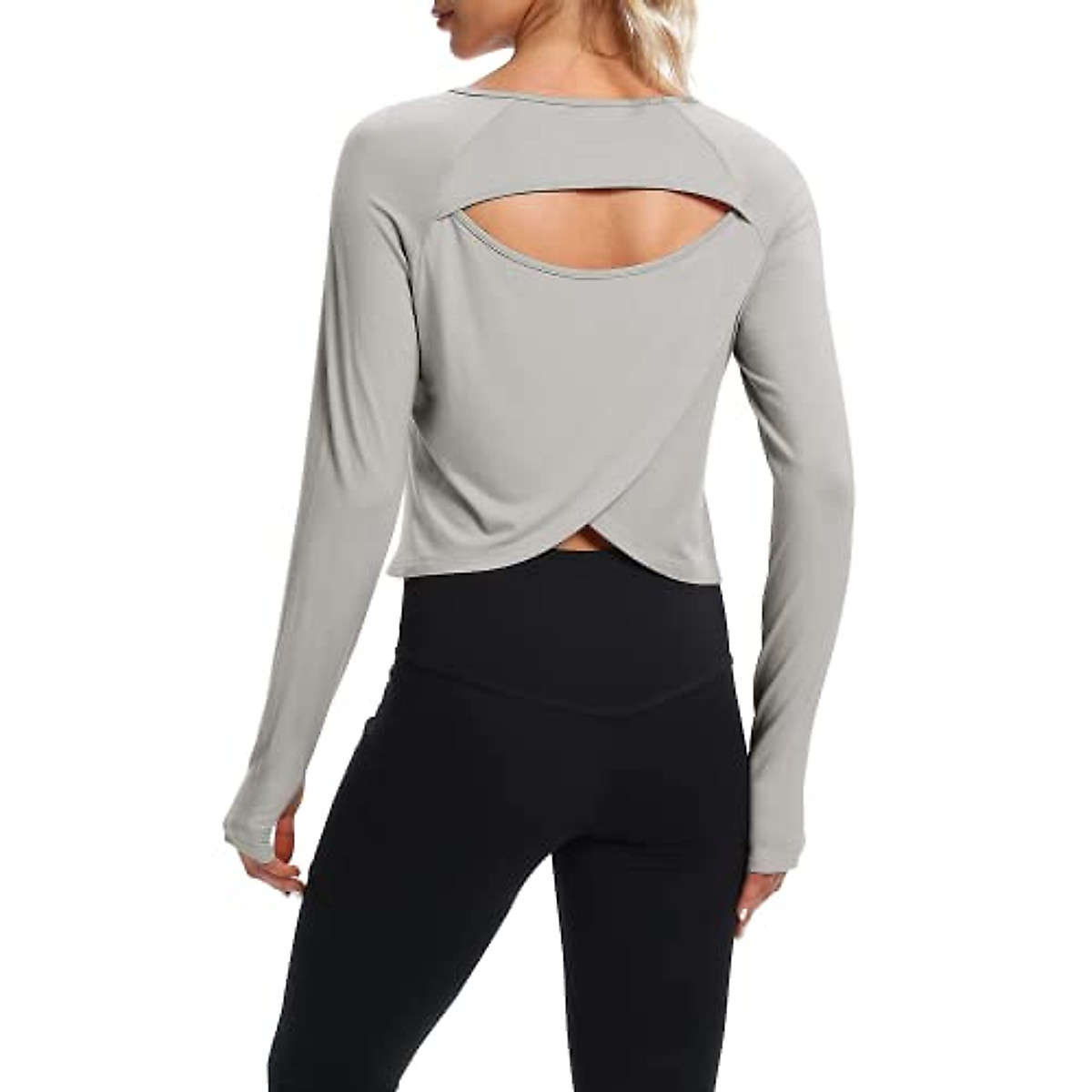Bestisun Cute Crop Top Backless Long Sleeve Workout Yoga Exercise Tops Running Shirts Yoga Gym Training Clothing Athletic Wear for Women Light Gray L