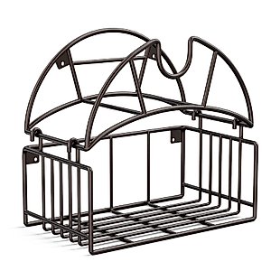 Lamir Heavy Duty Metal Water Hose Rack with Tool Basket, Brown, Outdoor Use
