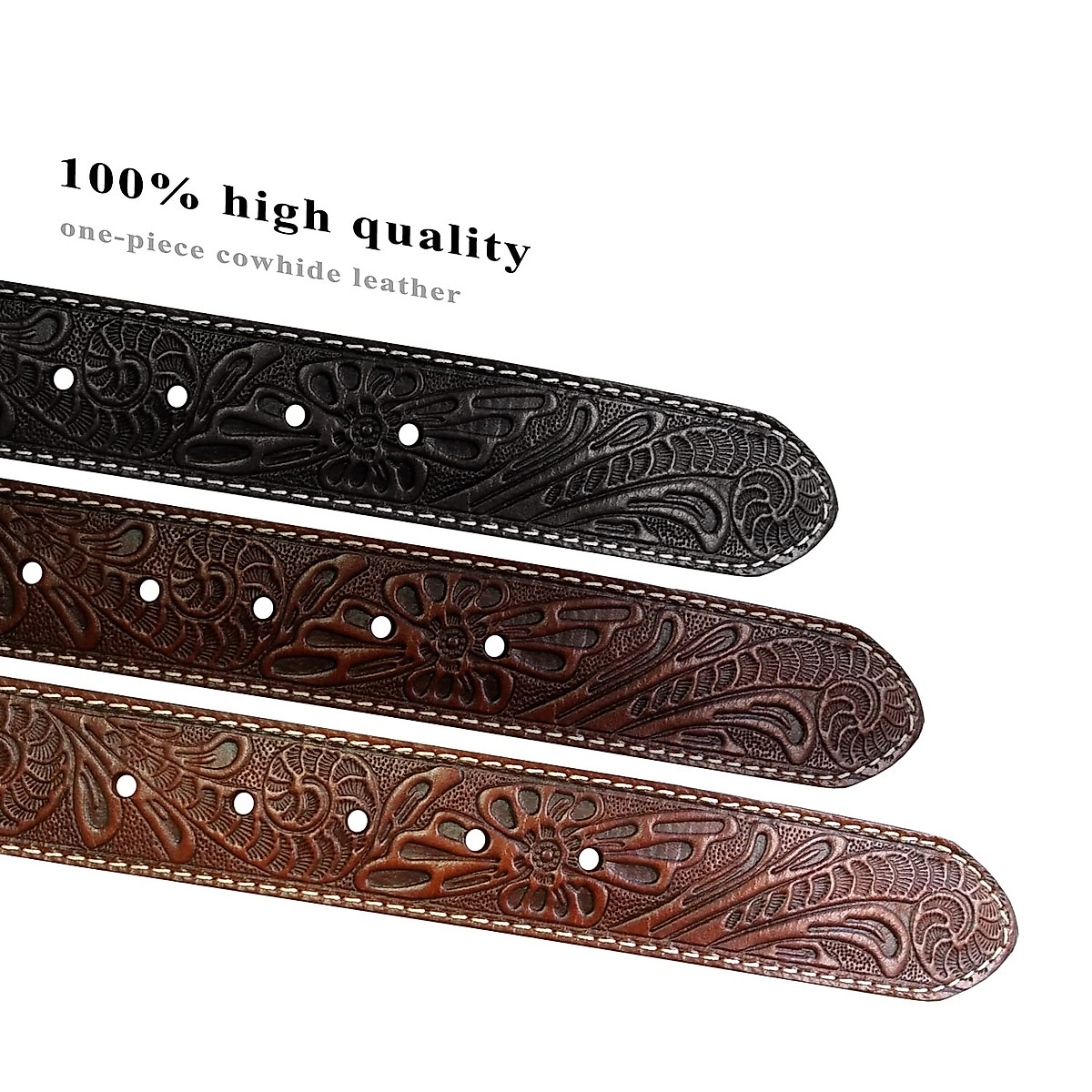 Engraved Tooled Leather Genuine Full Grain Western Floral Belt Strap 1-1/2" Wide (Black, 38)