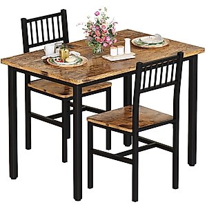AWQM 3 Piece Dining Table Set, Small Industrial Kitchen Table and 2 Chairs, Kitchen Breakfast Dining Table Set, Breakfast Table Set for Dining Room, Living Room, Apartment, Small Space, Brown