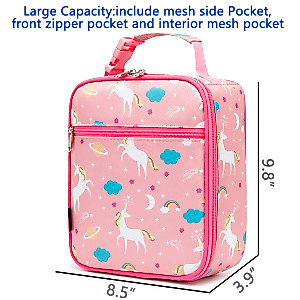 FlowFly Kids Lunch box Insulated Soft Bag Mini Cooler Back to School Thermal Meal Tote Kit for Girls, Boys, Unicorn