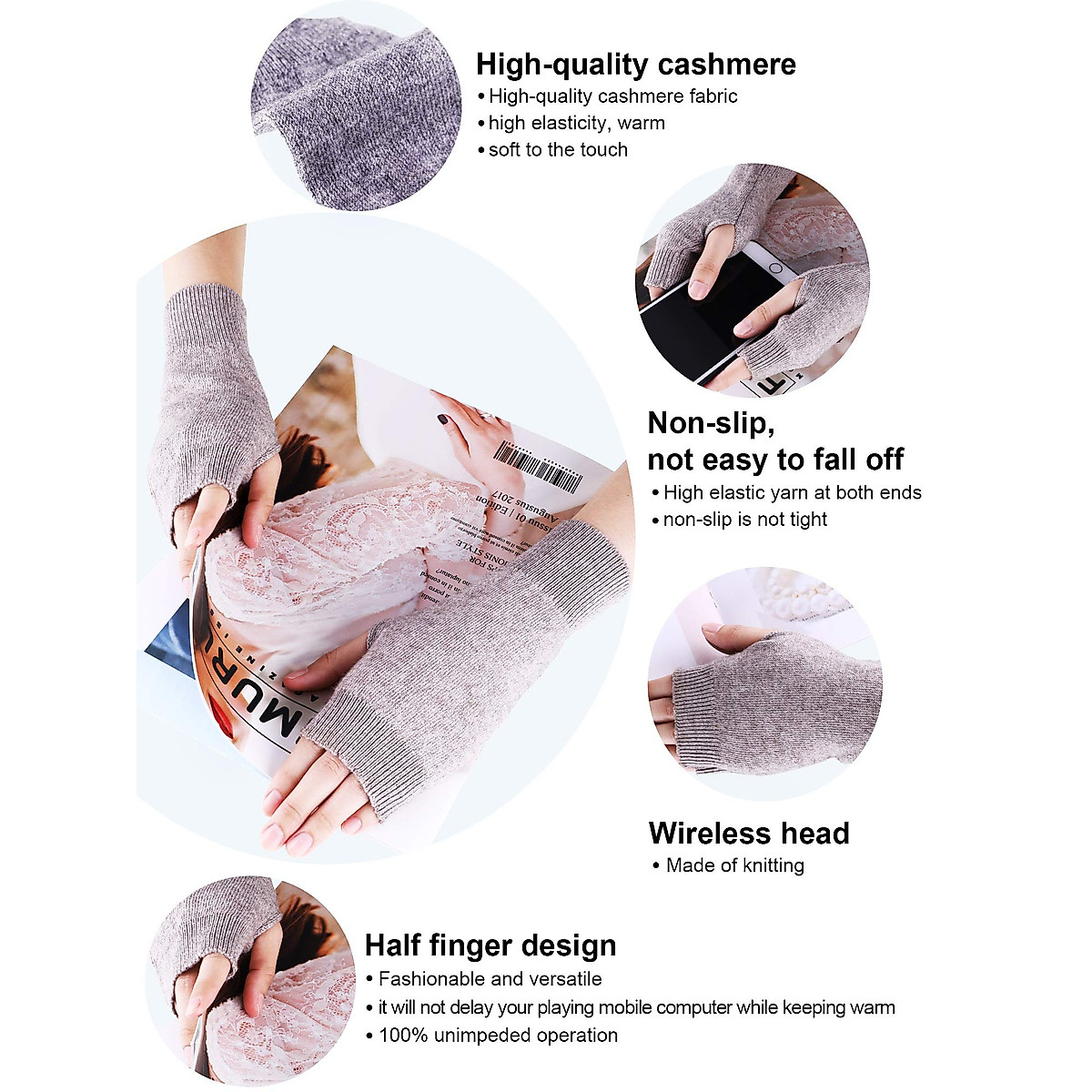 4 Pairs Cashmere Fingerless Gloves Wrist Warmers with Thumb Hole for Women and Men (7.5 x 3.5 inches)()