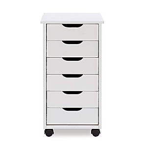 Linon Callie Multipurpose Six Drawer Wide Wood Rolling Storage Cart with Casters in White Wash