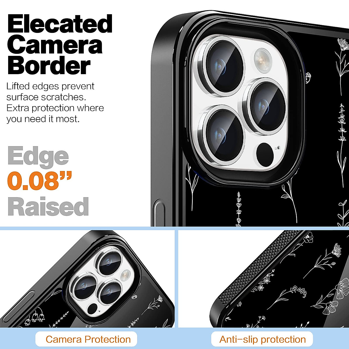 GULTMEE [3 in 1 Designed for iPhone 13 Pro Max Case Black Wildflowers Print Tire Texture Non-Slip Shockproof Protective Case Tempered Glass Screen Protector + Camera Lens Protector, 6.7 inch 2021