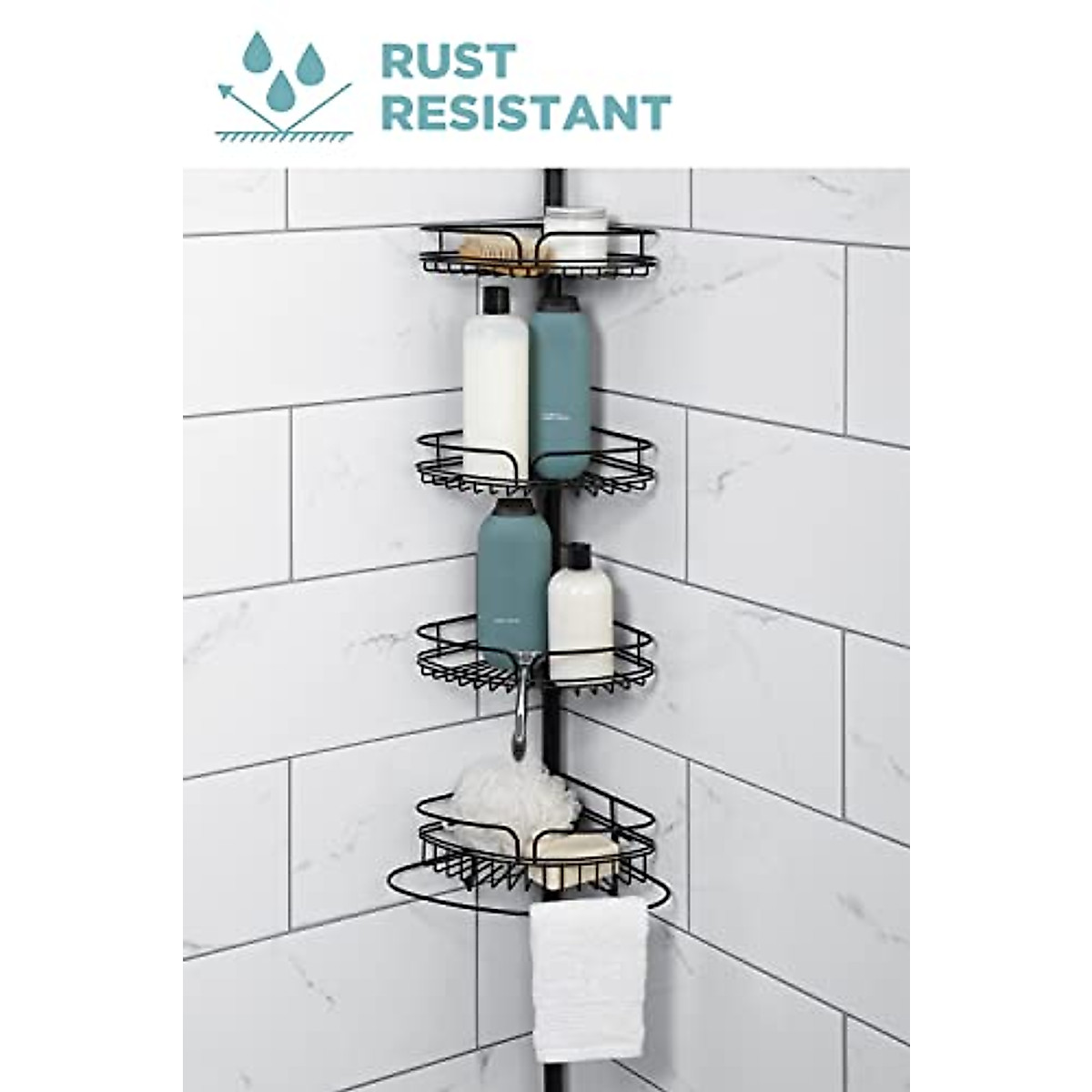 Zenna Home Rust-Resistant Corner Shower Caddy for Bathroom, 4 Adjustable Shelves with Towel Bar and Hooks, with Tension Pole, for Bath and Shower Storage, 60-97 Inch, Matte Black