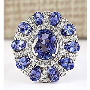PR Jewerly Women Elegant 925 Silver Blue Tanzanite Gemstone Flower Cluster Ring Engagement (7)