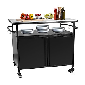 Karpevta Outdoor Grill Table,Grill Cart Large Storage Space Outdoor Kitchen Island Stainless Steel Countertop,Outdoor Grill Cart with Storage Cabinet for BBQ, Patio, Backyard,RV Trip