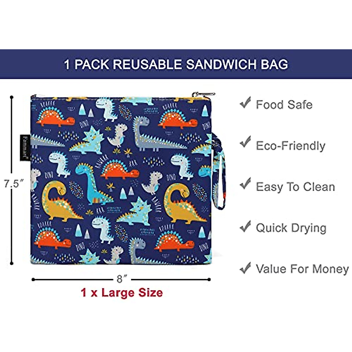 Reusable Sandwich Bag/Snack Bag for Kids & Adults, Dual Layer Lunch Bag with Handle, Washable, Food Safe, BPA Free (1-Pack, Dinosaur)