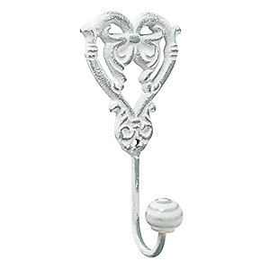 Romantic Chateaux Wall Hooks, Set of 3, Shabby French Country Style, Rustic White Finish, Cast Iron, Vintage Inspired, Striped Porcelain Caps, Each 2 3/4 L x 1 1/2 W x 5 1/2 H inches