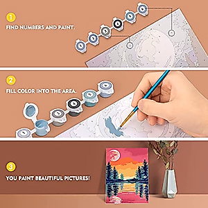 Magicfly 3 Pack Paint by Number for Adults Beginner, Moon Lake Landscape DIY Painting by Number Kit, Easy Acrylic Paint by Numbers on Canvas, 9x12 Inch, Include 10 Multi-Sized Brushes