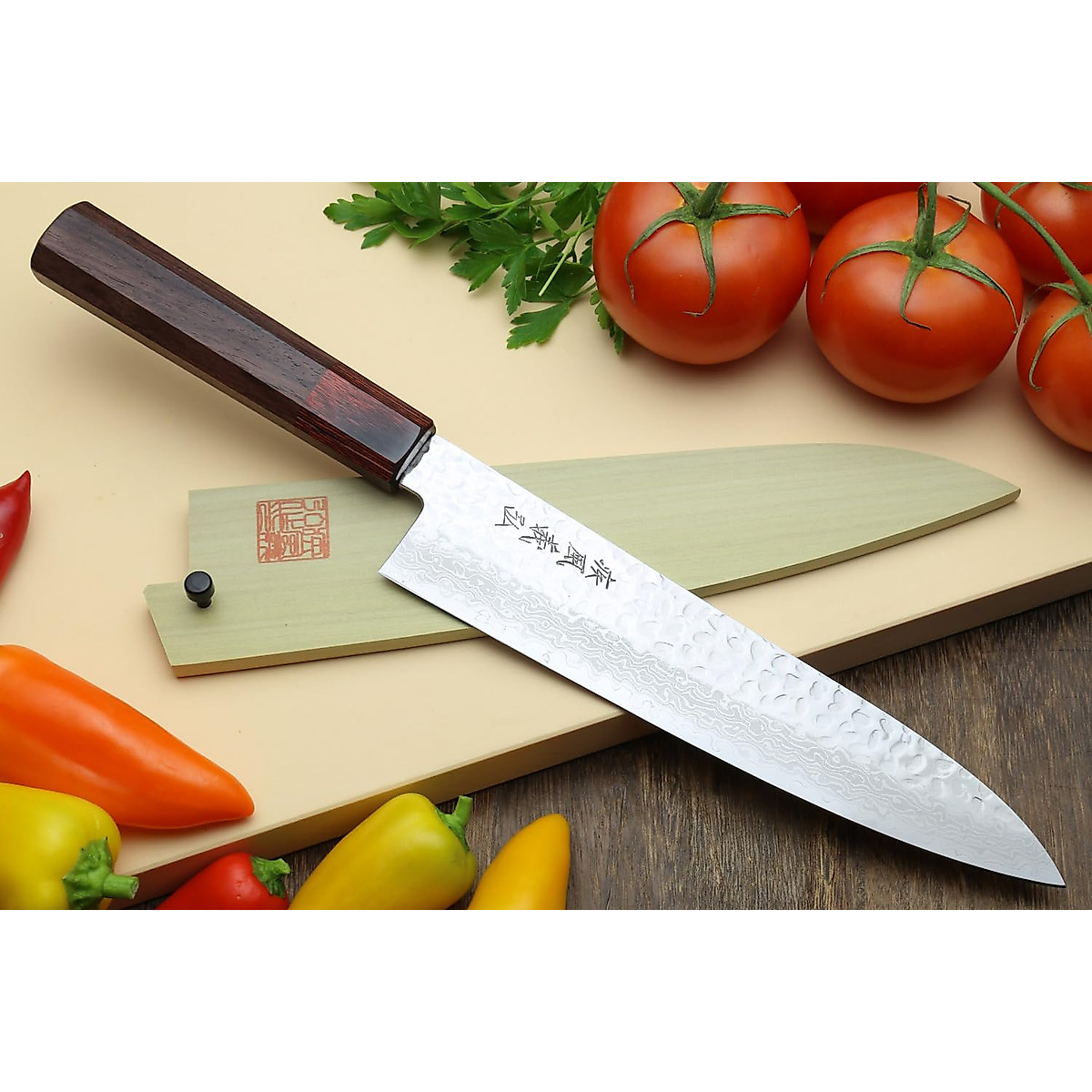 Yoshihiro VG10 46 Layers Hammered Damascus Gyuto Japanese Chefs Knife (Octagonal Shitan Rosewood Handle) (9.5" (240mm)