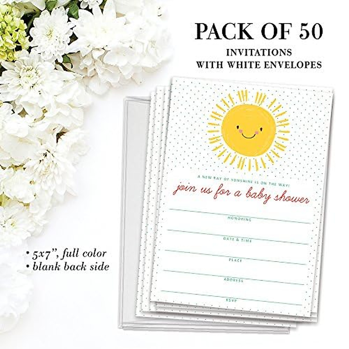 DB Party Studio Baby Shower Invitations Happy Sunshine Gender Neutral Sunny Smile Blank Invites with Envelopes ( Pack of 50 ) Large 5x7” Fill In Boy Girl Infant Mom-To-Be Smiling Sun Newborn VI0077