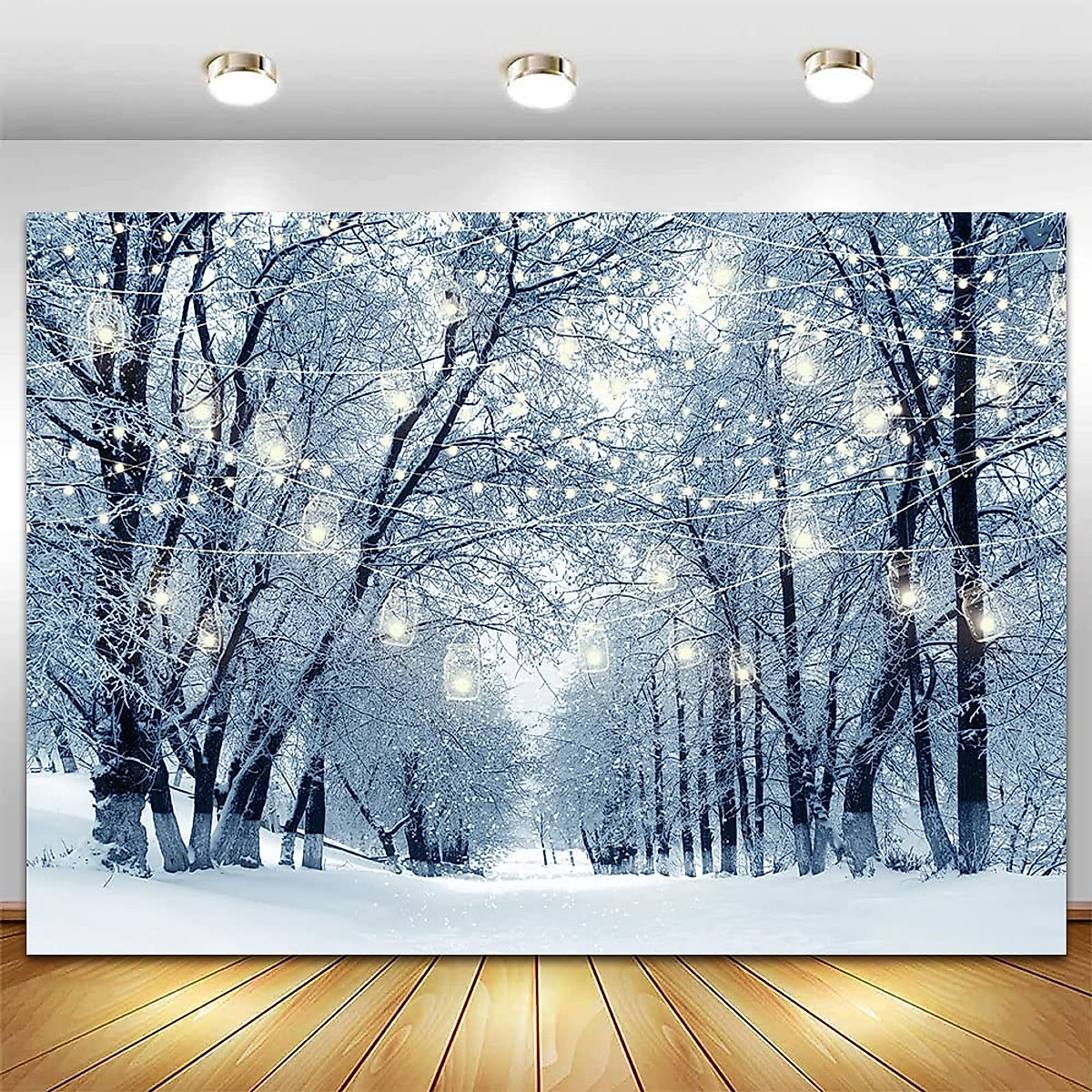 Qian Winter Wonderland Scene Photography Backdrop 7x5FT Snowflake Bokeh Tree Landscape Snowy Forest Photo Background for Family Christmas Party Photoshoot Decorations