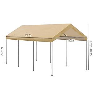 Outsunny 10' x 20' Party Tent and Carport, Height Adjustable Portable Garage, Outdoor Canopy Tent 8 Legs Without Sidewalls for Car, Truck, Boat, Motorcycle, Bike, Garden Tools, Beige