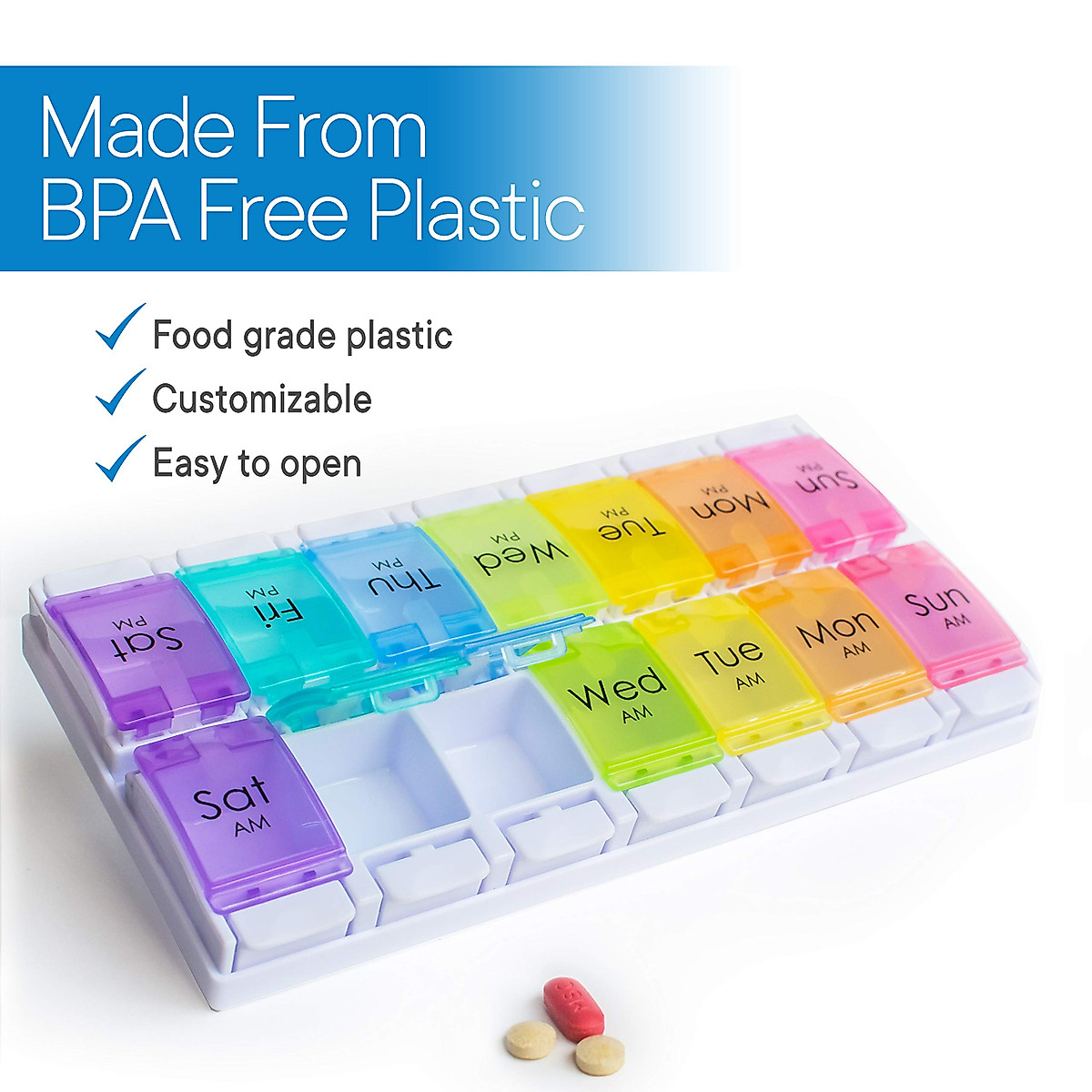 RMS Weekly and Daily Pill Organizer - 7 Day Pill Planner, Dispenser Case for Medication, Vitamin Supplements with Easy Press Open Design and Large Capacity (Twice Per Day)