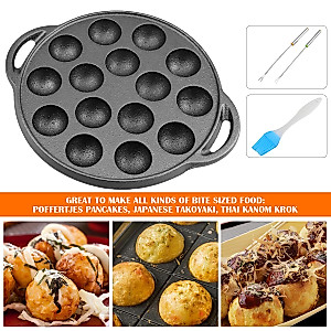 Escargot Dish Cast Iron Takoyaki Mushroom Plate with 15 Compartment Holes, Octopus Ball Maker with Forks and Brush for Snails, BBQ, and Mushroom Cooking