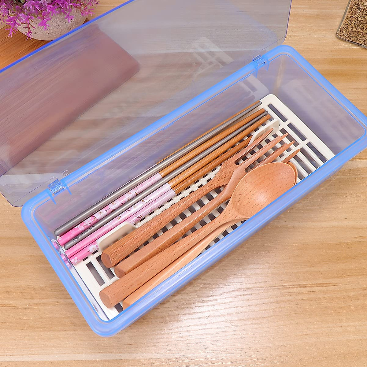 Cabilock Cutlery Flatware Plastic Tray Kitchen Organizers with Lid Kitchen Cutlery and Utensil Drawer Organizer- proof Fork Utensil Storage Container (Blue) Utensil Storage Container