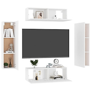 BULANED Fire Place Tv Stand,Home Stand White,Tv Wall Units for Living Room,4 Piece TV Cabinet Set White Engineered Wood