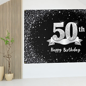HAMIGAR 6x4ft Happy 50th Birthday Banner Backdrop - 50 Years Old Birthday Decorations Party Supplies for Women Men - Black Silver