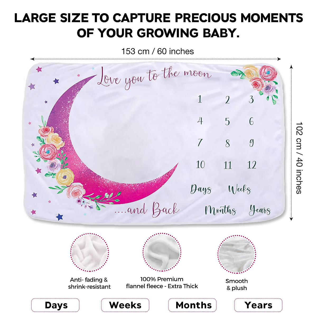 Baby Monthly Milestone Blanket for Boys and Girls 60 x 40 Inch Thick Fleece Baby Month Blanket with 2 Felt Frames Newborn Photography Prop Photo Blanket (Floral Moon)