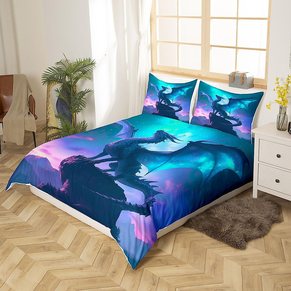 Dragon Duvet Cover Set Queen Size,Blue Purple Nebula Galaxy Bedding Set Kids Boys Girls Room Decor,Mountain Wildlife Nature Comforter Cover 3Pcs,Western Magical Dragon Bedspreads Cover,2 Pillowcases