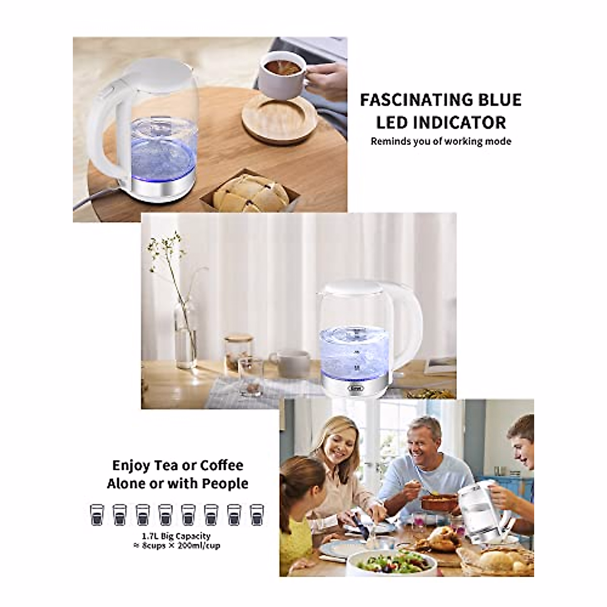 Electric Kettle, Gevi 1.7L Glass Tea Kettle - Water Boiler with LED Light Glass Kettle Electric (BPA Free) with Auto Shut-off & Boil-dry Protection - 1500W Cordless Electric Kettle, White