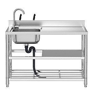 Free Standing Stainless-Steel Single Bowl Commercial Restaurant Kitchen Sink Set w/Faucet & Drainboard, Prep & Utility Washing Hand Basin w/Workbench & Double Storage Shelves Indoor Outdoor (47in)