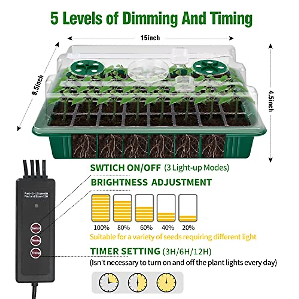 Kirababy Seed Starter Tray with Grow Light, 2 Packs Seed Tray Kits with 80-Cell/Seedling Tray with Humidity Dome/Indoor Grow Kit for Deep-Rooted Seedlings