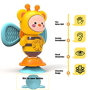 Tinabless Suction Cup High Chair Toy, Baby Musical Toy Yellow Bee Toy with Music and LED Lights, Infant Light Up Toys, Developmental Tray Toy, Newborn Gifts for Ages 6 Months and Up Boys Girls