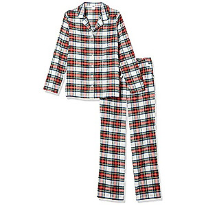 Amazon Essentials Women's Flannel Long-Sleeve Button Front Shirt and Pant Pajama Set, Red Tartan, Large