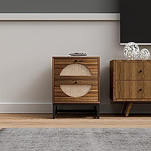 SeokIljin Rattan Nightstand,2 Drawer Side Table,Metal Legs,Bottom Hollow-Out Design,Easy Cleaning,Display Rack for Bedroom and Living Room