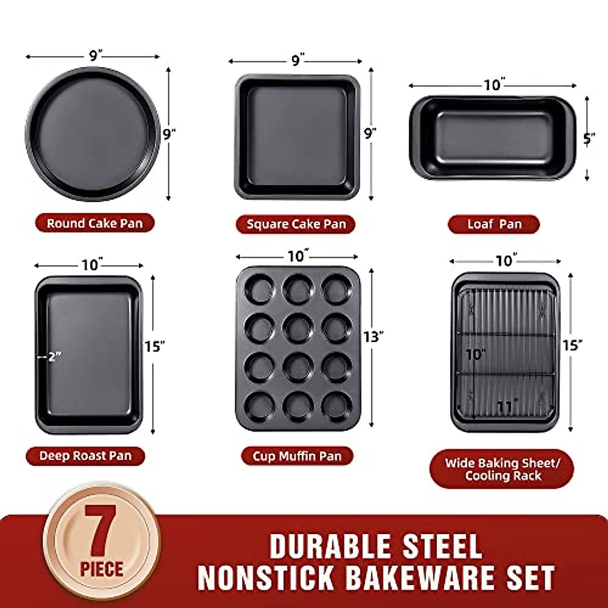KITESSENSU Baking Pans Sets, Nonstick Bakeware Set 7-Piece with Round/Square Cake Pan, Loaf Pan, Muffin Pan, Cookie Sheet, Roast Pan, Cooling Rack, Carbon Steel Bake Set