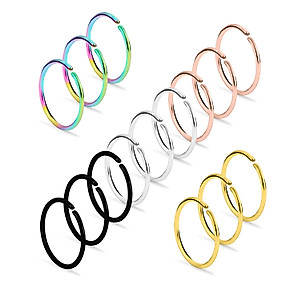 Dyknasz 15Pcs 22G Nose Rings Hoop 316L Stainless Steel Fake Nose Ring Tragus Cartilage Helix Piercing Earring Hoops Septum Lip Ring 6MM for Women Men Mix Color