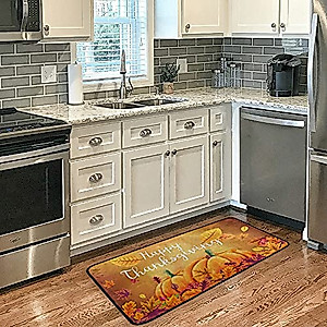 Thanksgiving Rug Kitchen Rugs Runner Happy Thanksgiving with Pumpkin Autumn Leaves Doormat Bath Rugs Mat Non Slip Area Rugs for Bathroom Kitchen Indoor 39" X 20"