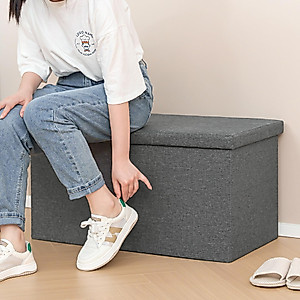 PINPLUS Folding Storage Ottoman Bench, Grey Storage Ottoman with Lid Tray, 30 inches Ottoman Coffee Table Cube Chair Foot Rest Stool Storage Toy Chest for Living Room Bedroom, Holds up to 550 lb