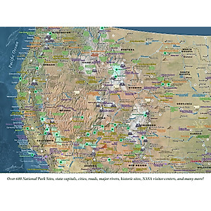 National Parks Poster Map with terrain and USA Interstates, All NPS Sites, Landmarks, Highest Peak by State Poster - 24x18 inch Map - Explore America - Voyager Edition